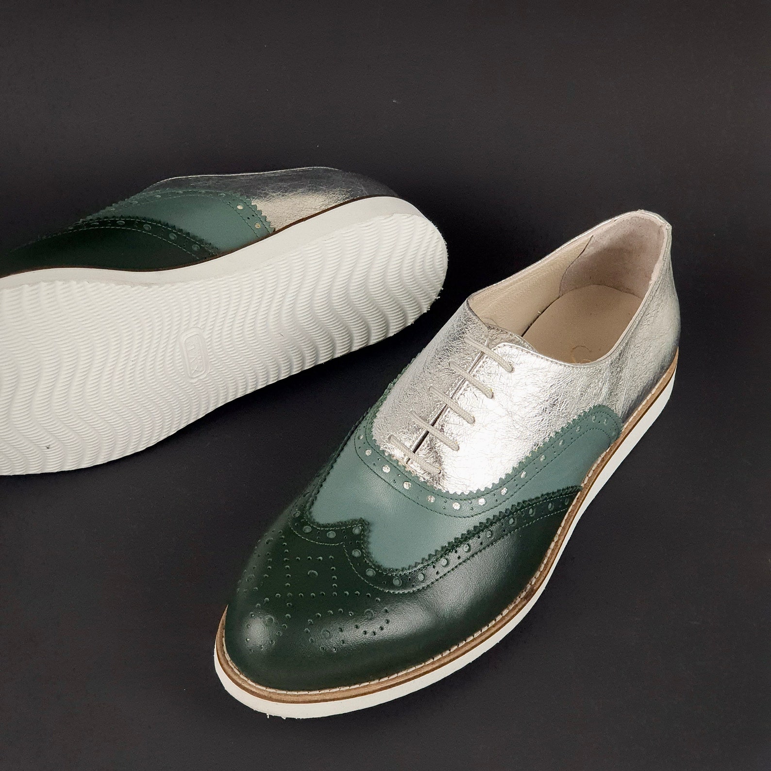 Brogue in Jungle Green, Teal Green & Silver Leather | Unisex Swing ...