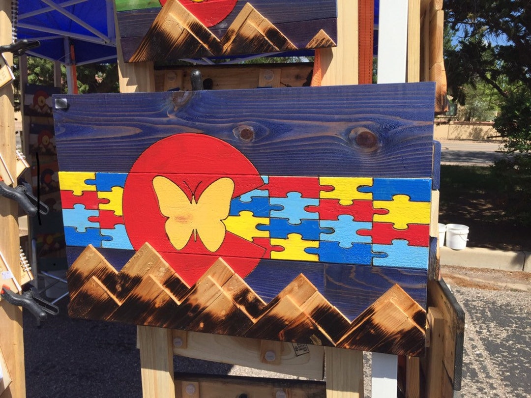 Autism Awareness Themed Rustic Wooden Colorado Flag With 3D Mountains ...