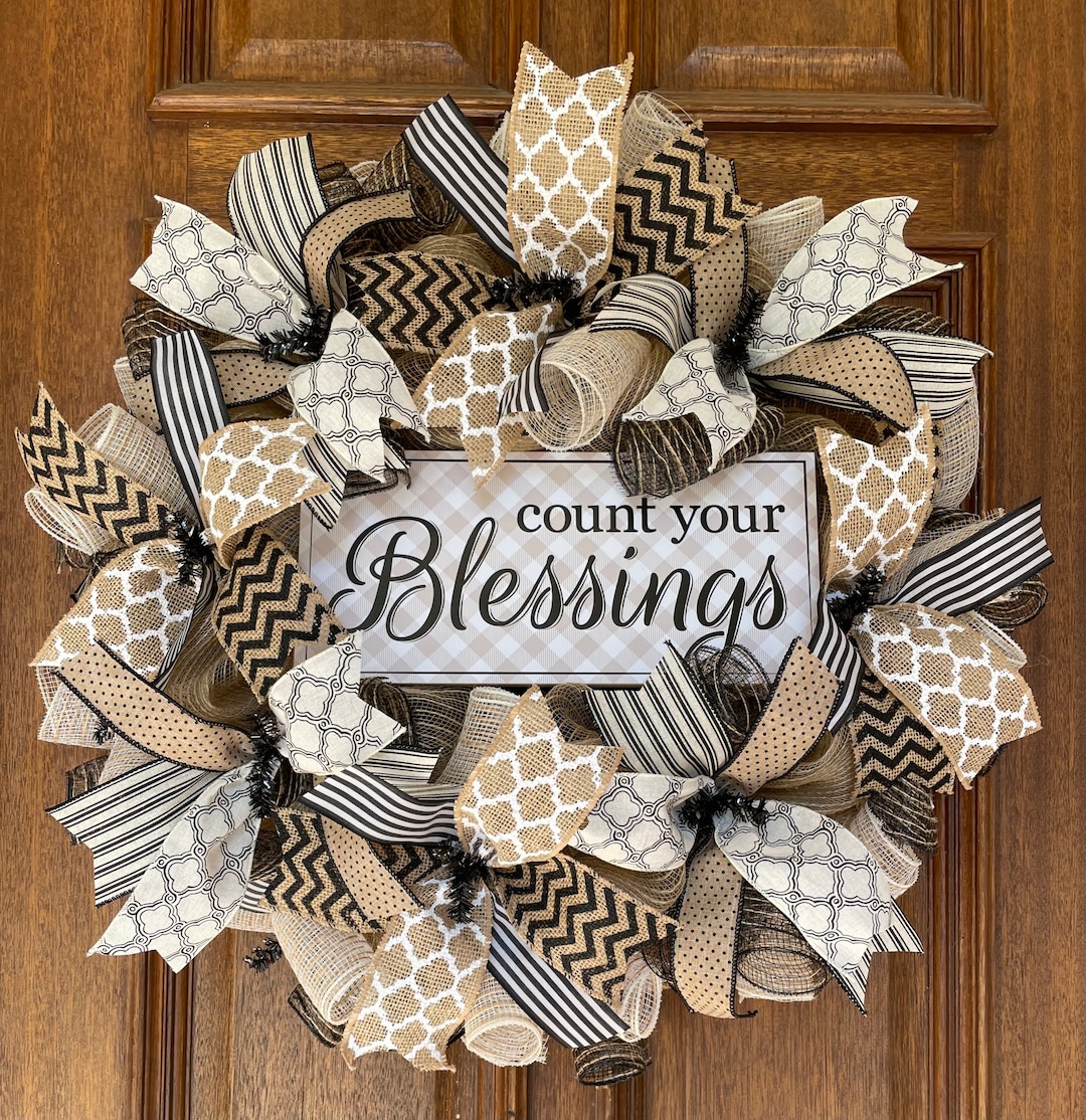 Farmhouse "count Your Blessings" Burlap Wreath, Everyday Front Door ...