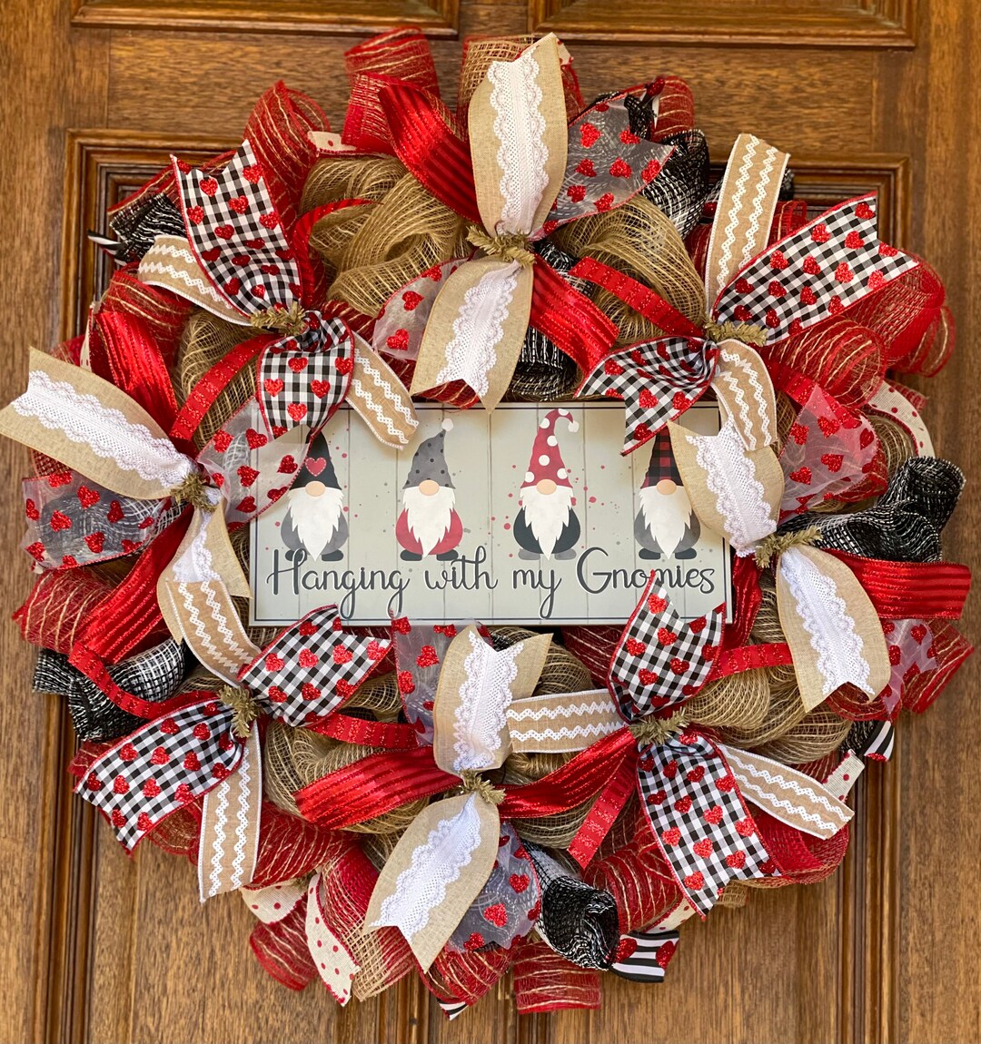 Valentine's Day Gnome Wreath, Red Buffalo Check Deco Mesh - Etsy