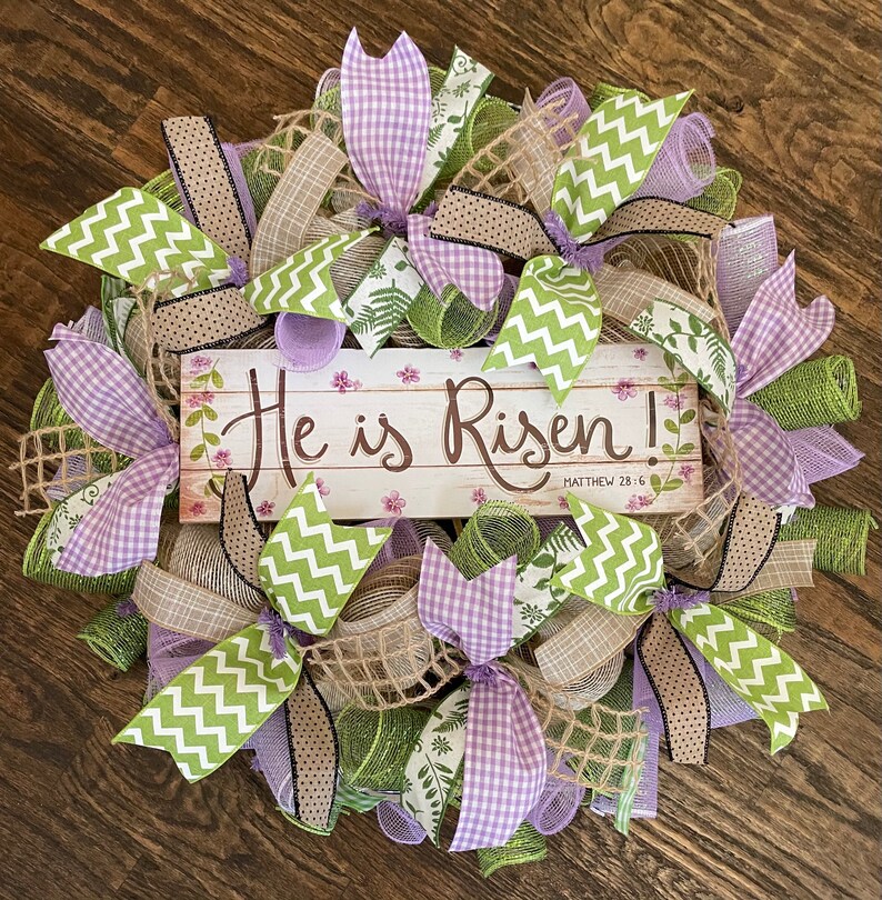 He Is Risen deco mesh wreath Easter wreath purple moss | Etsy