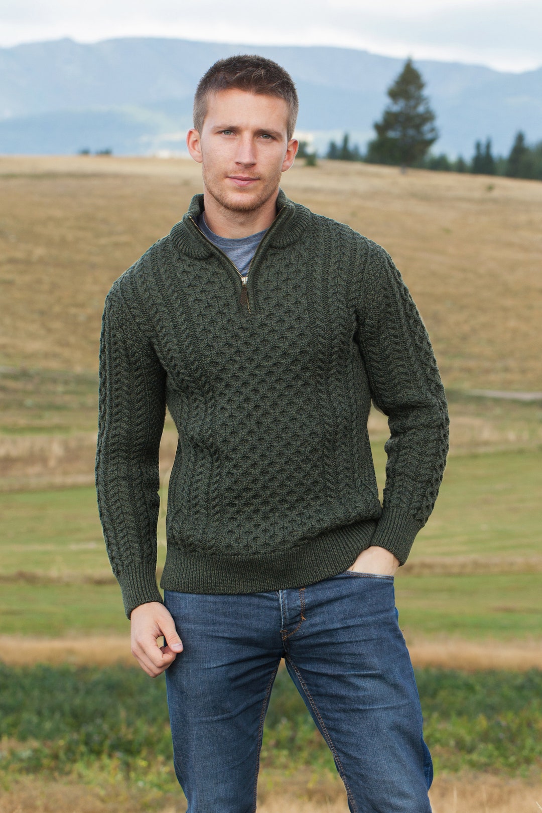 Men's Cable Knit Aran Sweater Army Green - Etsy