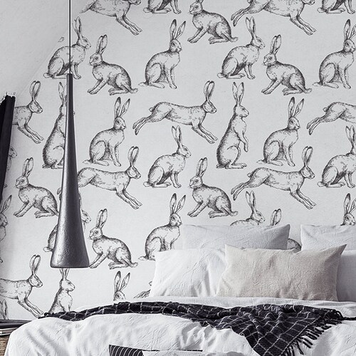 White Wallpaper With Rabbit Pattern Self Adhesive Peel & - Etsy