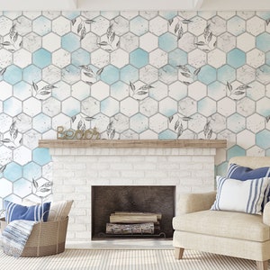 Hexagon White & Blue Art Deco Geometric Pattern Wallpaper • Peel and ...