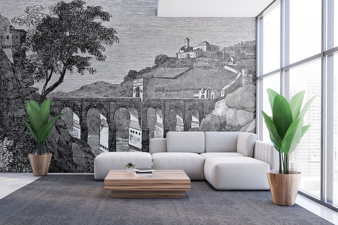 Alcantara Town and Bridge Vintage Black & White Engraving Style ...