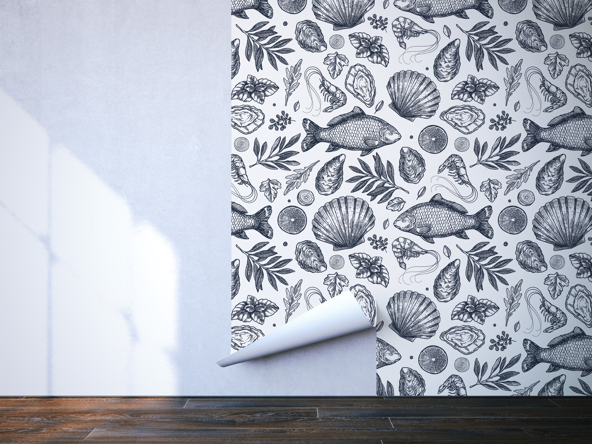 White Wallpaper With Black Fish and Sea Shells Pattern | Self Adhesive ...