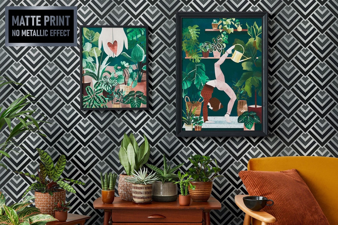 Black and Matte Silver Non Metallic Wallpaper, Geometric Pattern Wall ...