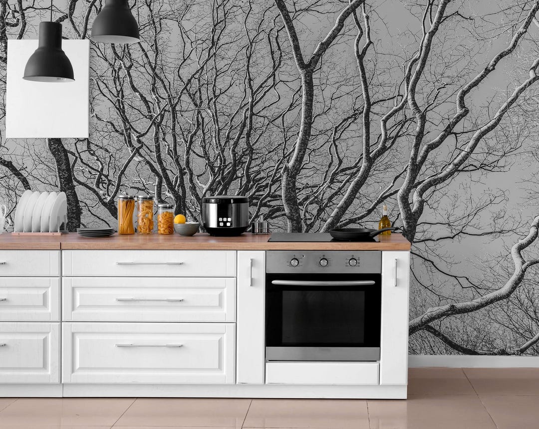Gloomy Tree Black & White Wallpaper, Dark Tree Wall Mural • Peel and ...