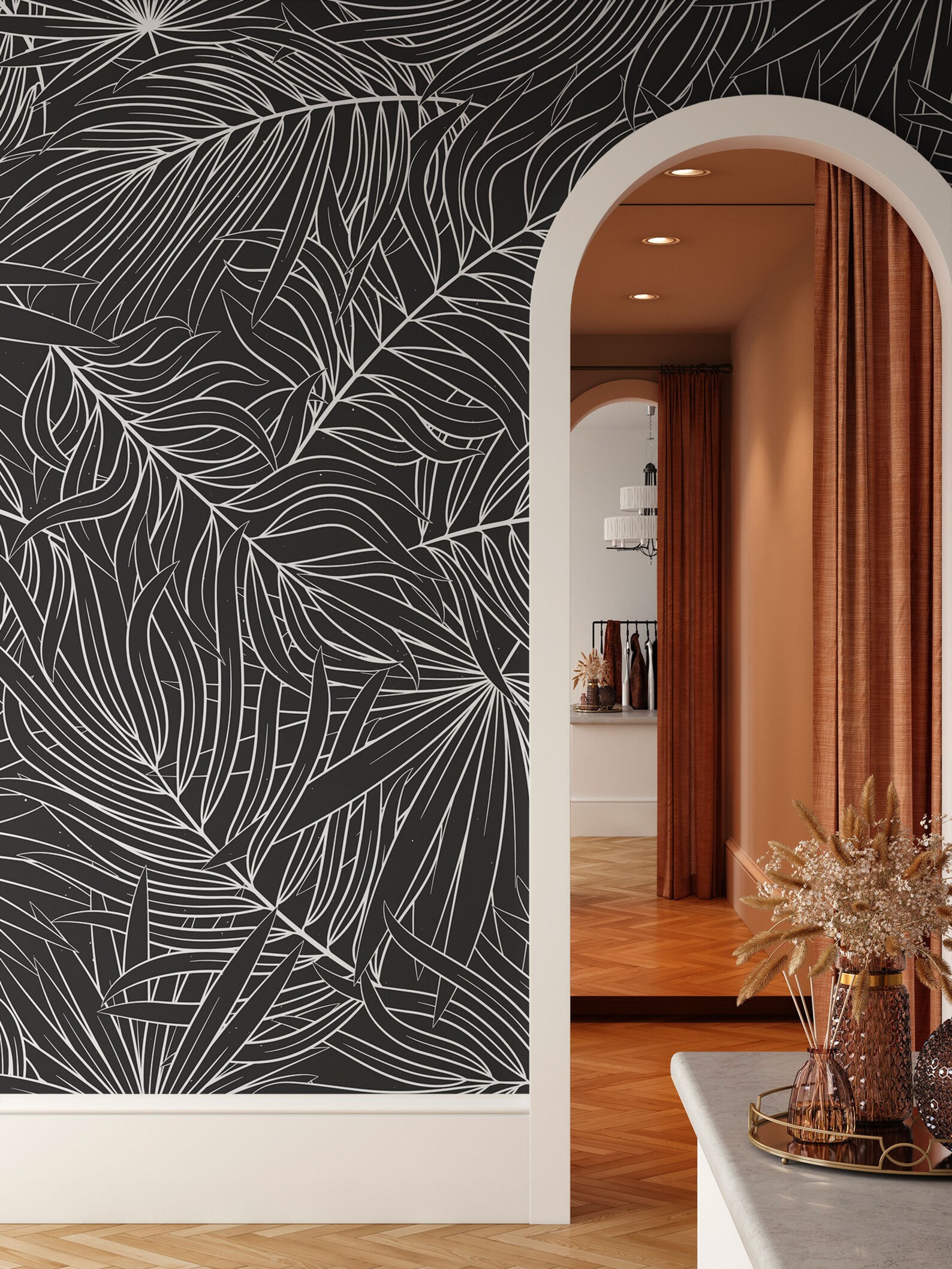 Dark Palm Leaves Wall Mural, Line Art Tropical Leaves Wallpaper • Peel ...