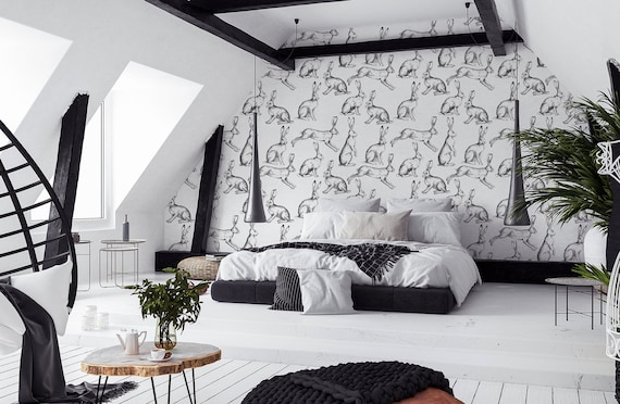 White Wallpaper With Rabbit Pattern Self Adhesive Peel & - Etsy
