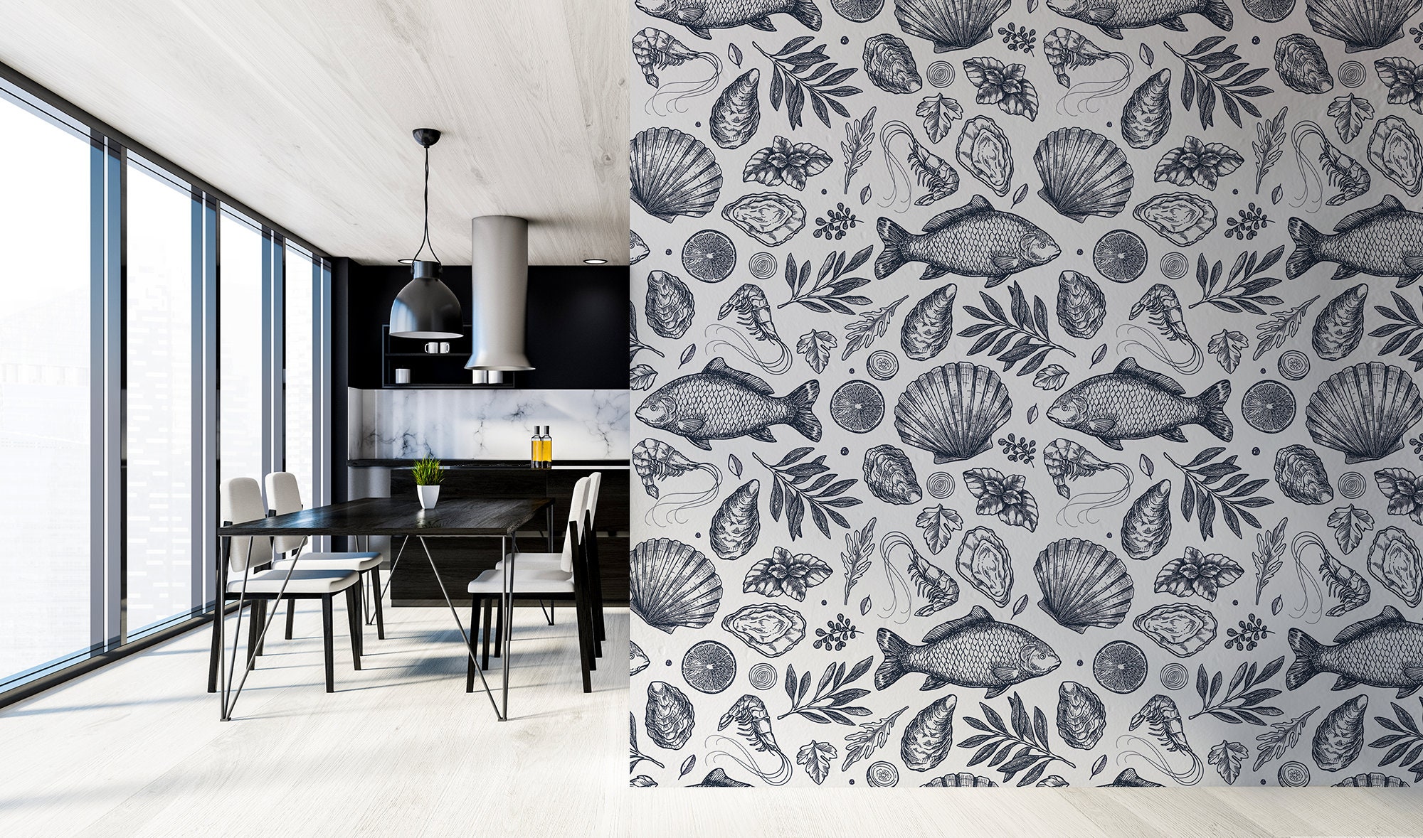White Wallpaper With Black Fish and Sea Shells Pattern | Self Adhesive ...