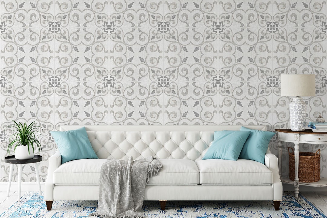 White Tile Concrete Art Deco Wallpaper, Patterned Stone Wall Mural ...