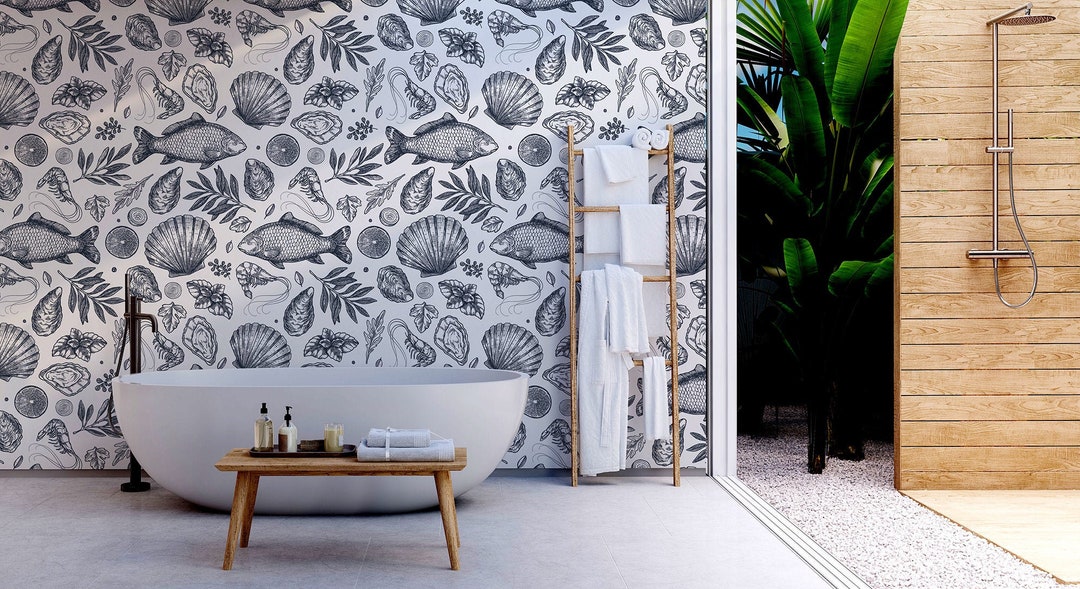 White Wallpaper With Black Fish and Sea Shells Pattern | Self Adhesive ...