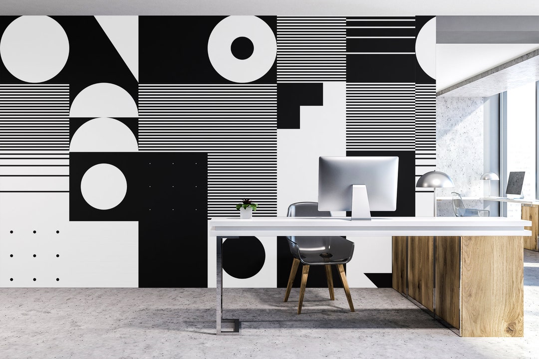 Simple Geometric Wallpaper, Modern Art Wall Mural, Monochrome Print ...