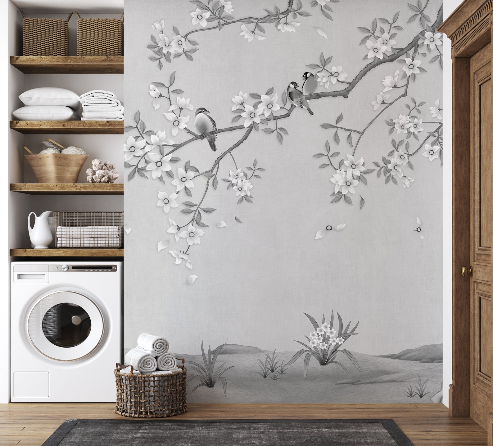 Black and White Chinoiserie Style Wallpaper With Trees and - Etsy