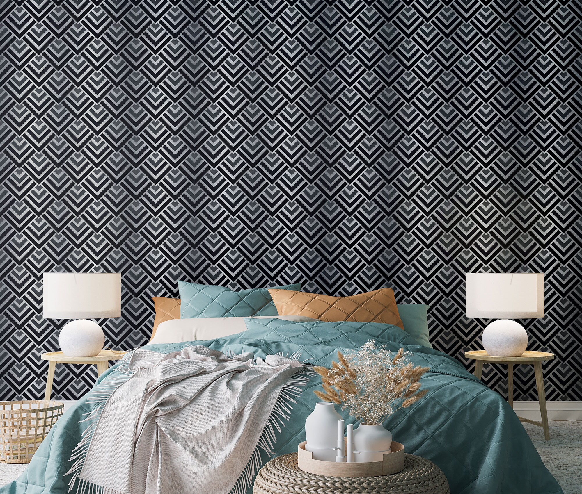 Black and Matte Silver Non Metallic Wallpaper, Geometric Pattern Wall ...