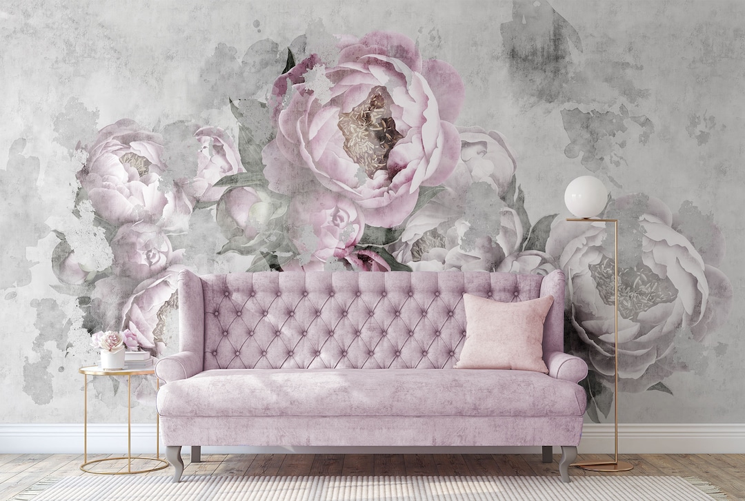 Grayscale Concrete Mural With Pink Accent on Peony Flower | Self ...