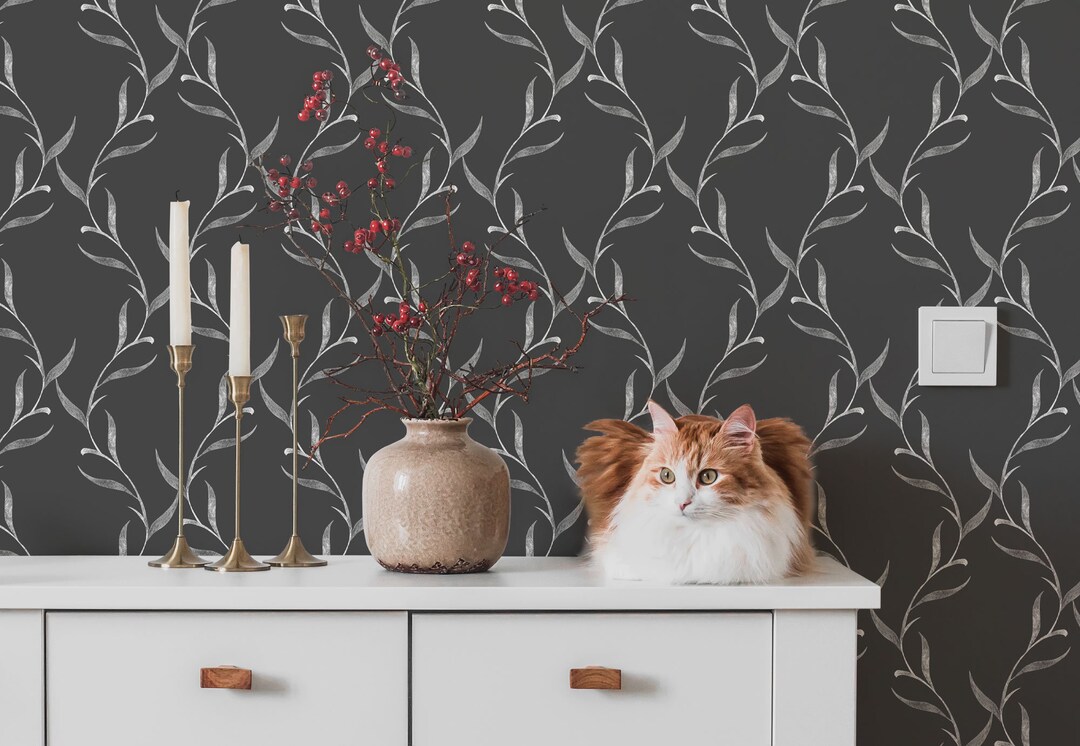 Dark Botanical Pattern Wallpaper, Leaf & Vine Pattern, Leaves Wall ...