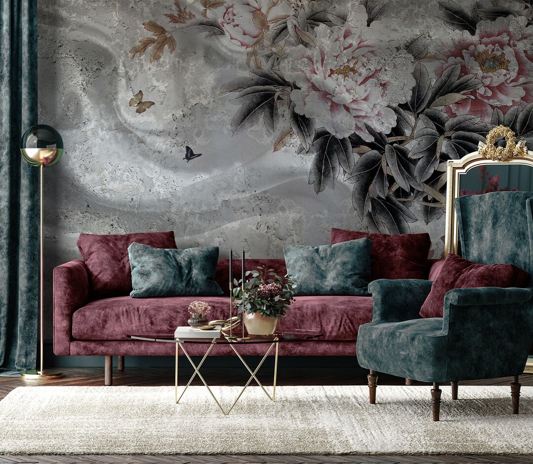 Wallpaper With Concrete and Fabric Motive and Peony Flowers | Self ...