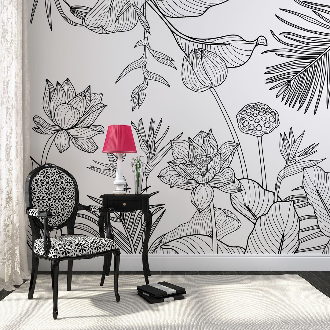 Tropical Line Art Plants Wallpaper, Art Deco Botanical Motive • Peel ...