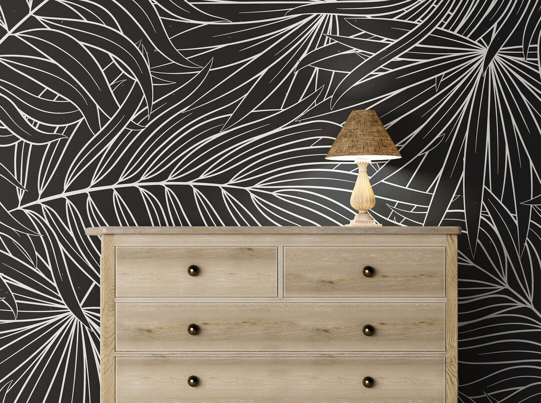 Dark Palm Leaves Wall Mural, Line Art Tropical Leaves Wallpaper • Peel ...