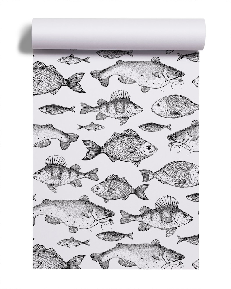 Black and White Fish Pattern Photo Wallpaper Self Adhesive - Etsy