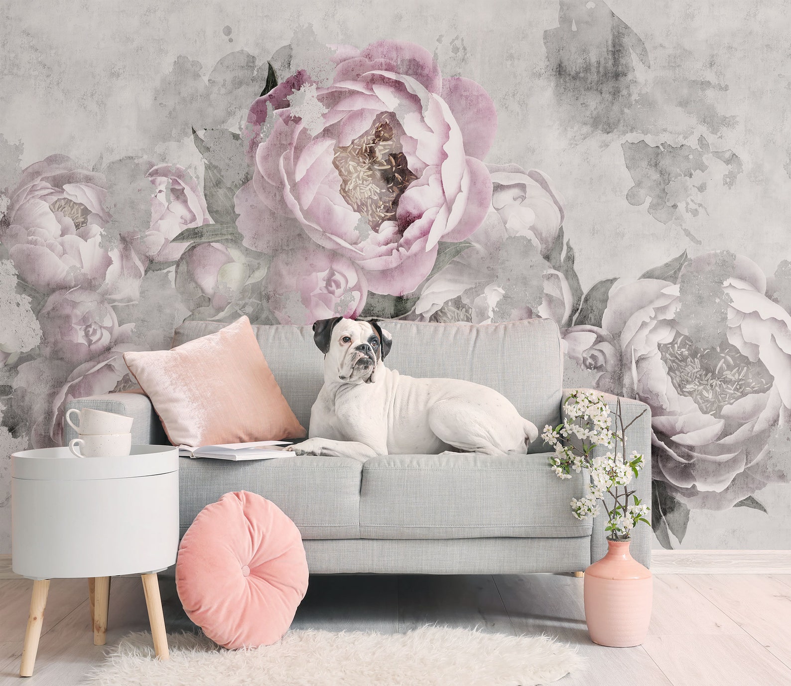 Grayscale Concrete Mural With Pink Accent on Peony Flower | Self ...