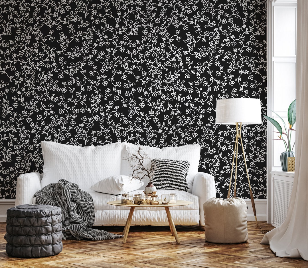 Black Wallpaper With Small Vector Floral Pattern | Self Adhesive | Peel ...