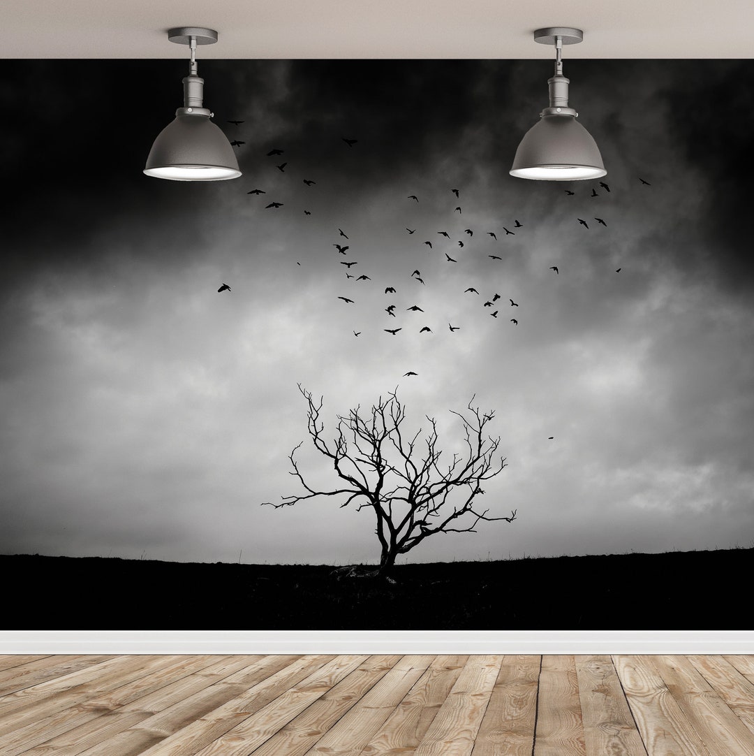 Dark Spooky Wallpaper With a Lone Tree and Ravens | Self Adhesive ...