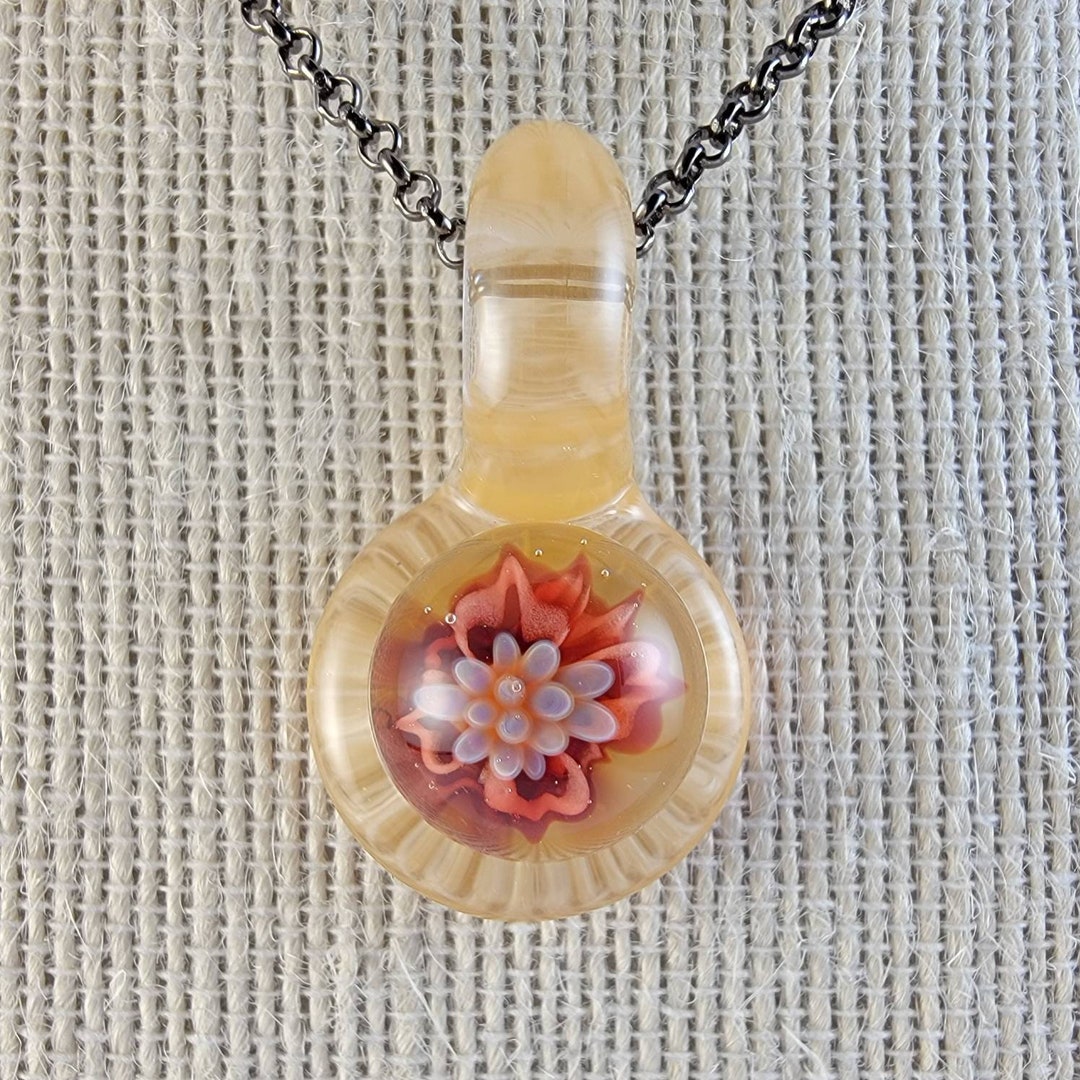 Glass Blown Peach Colored Flower Implosion Pendant Necklace. Handmade ...