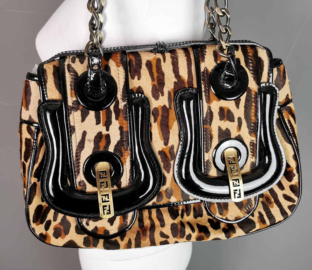 Vintage Fendi Leopard Print B Bag, Black Patent Leather - Etsy