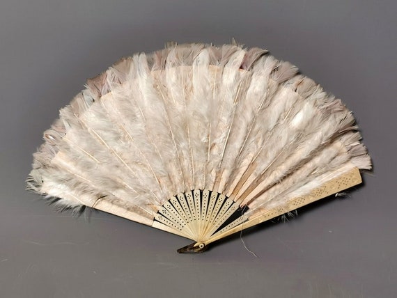 Antique Victorian feather and bone hand fan, sequin - Gem