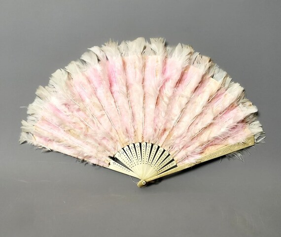 Antique Victorian feather and bone hand fan, sequin - Gem