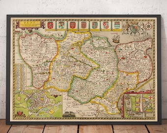 Rare Old Map of Kent in 1596 Canterbury Maidstone Bromley | Etsy