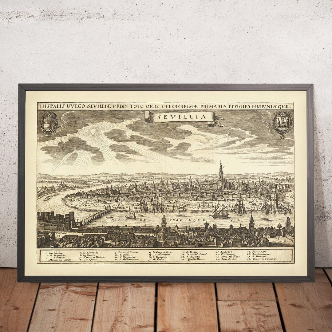 Old Birdseye Map of Seville by Merian, 1638: Triana, Torre Del Oro ...