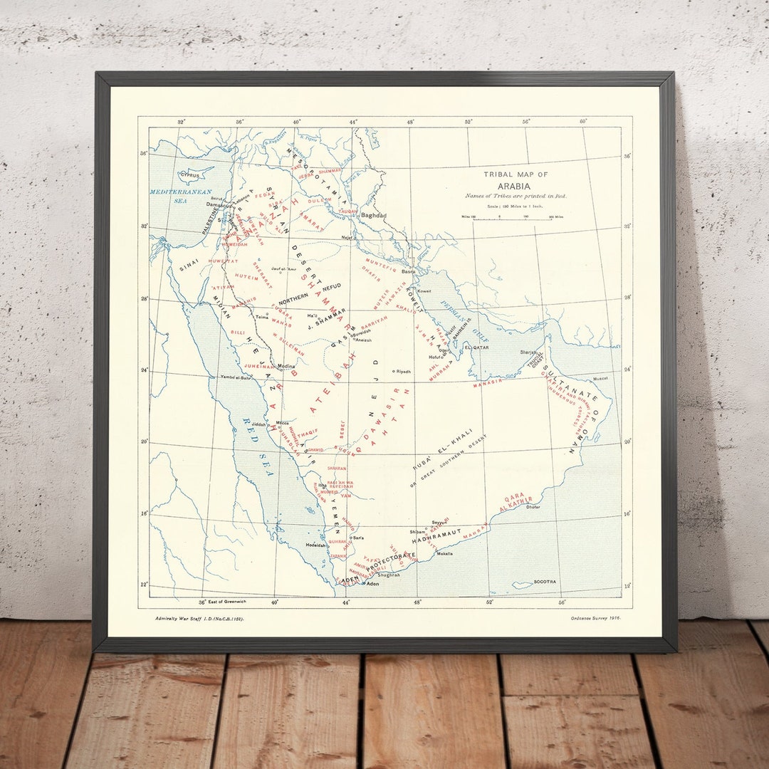 Old Tribe Map of Arabia, 1916: UAE, Iraqi & Saudi Tribes, Cities, Arab ...