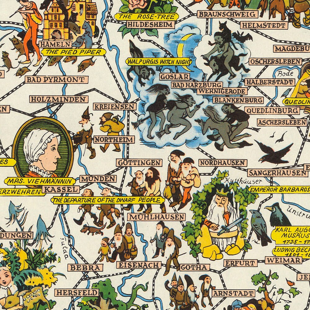 Old Map of German Fairytales, 1960: Little Red Riding Hood, Hansel ...