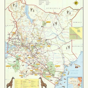 Old Pictorial Map of Kenya, 1968: Safari, Animals, Nairobi, Mount Kenya ...