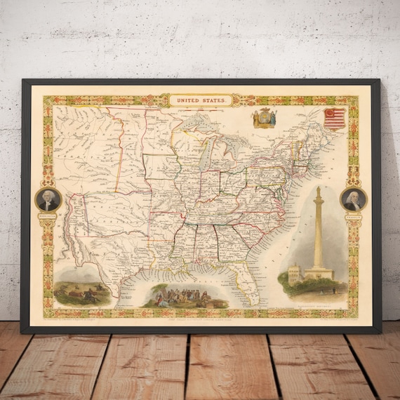 Old Map of the USA 1851 by Tallis & Rapkin Large Texas - Etsy
