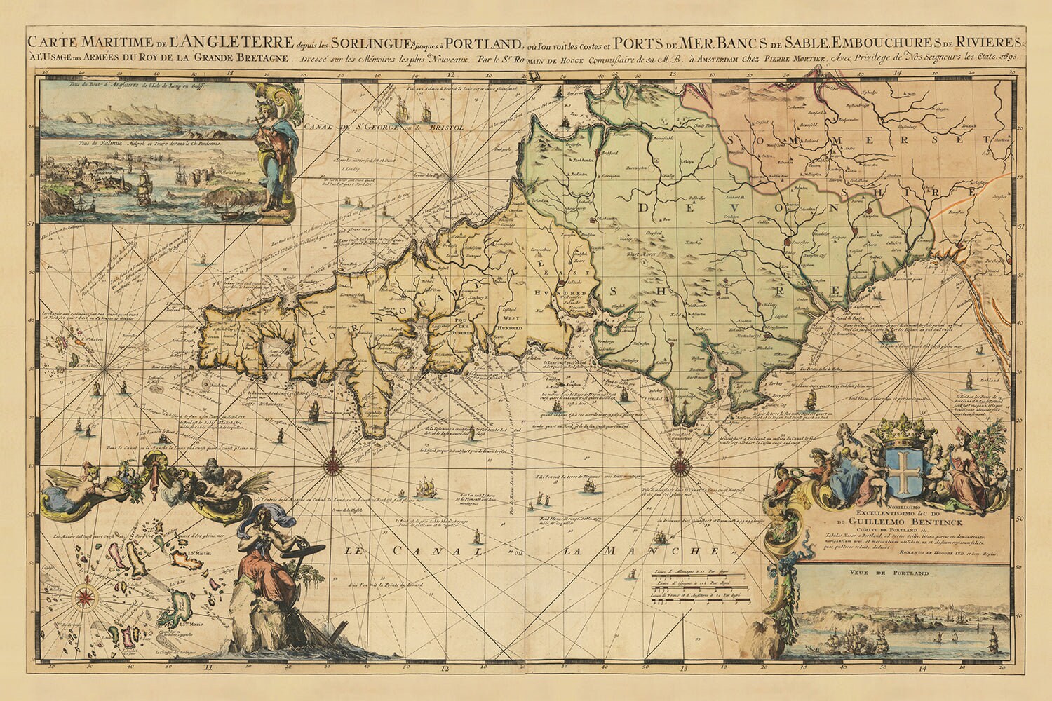 Old Map of Southwest England by Romeyn De Hooghe, 1693: Cornwall, Devon ...