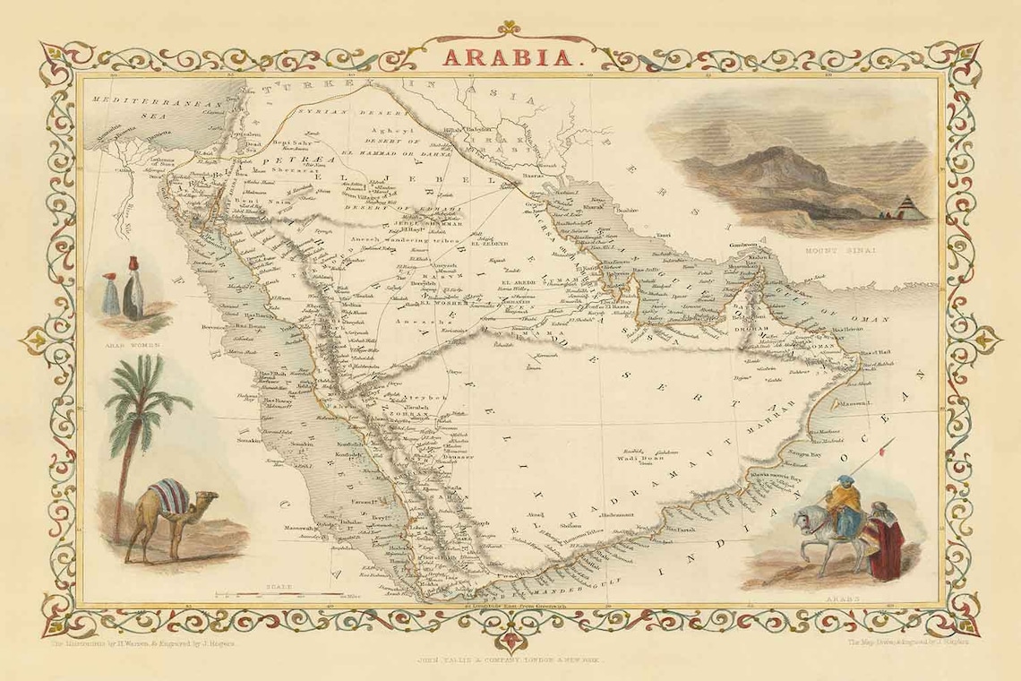 Old Map of Arabia, 1851 by Tallis & Rapkin - Saudi, Jordan, Oman, Yemen ...