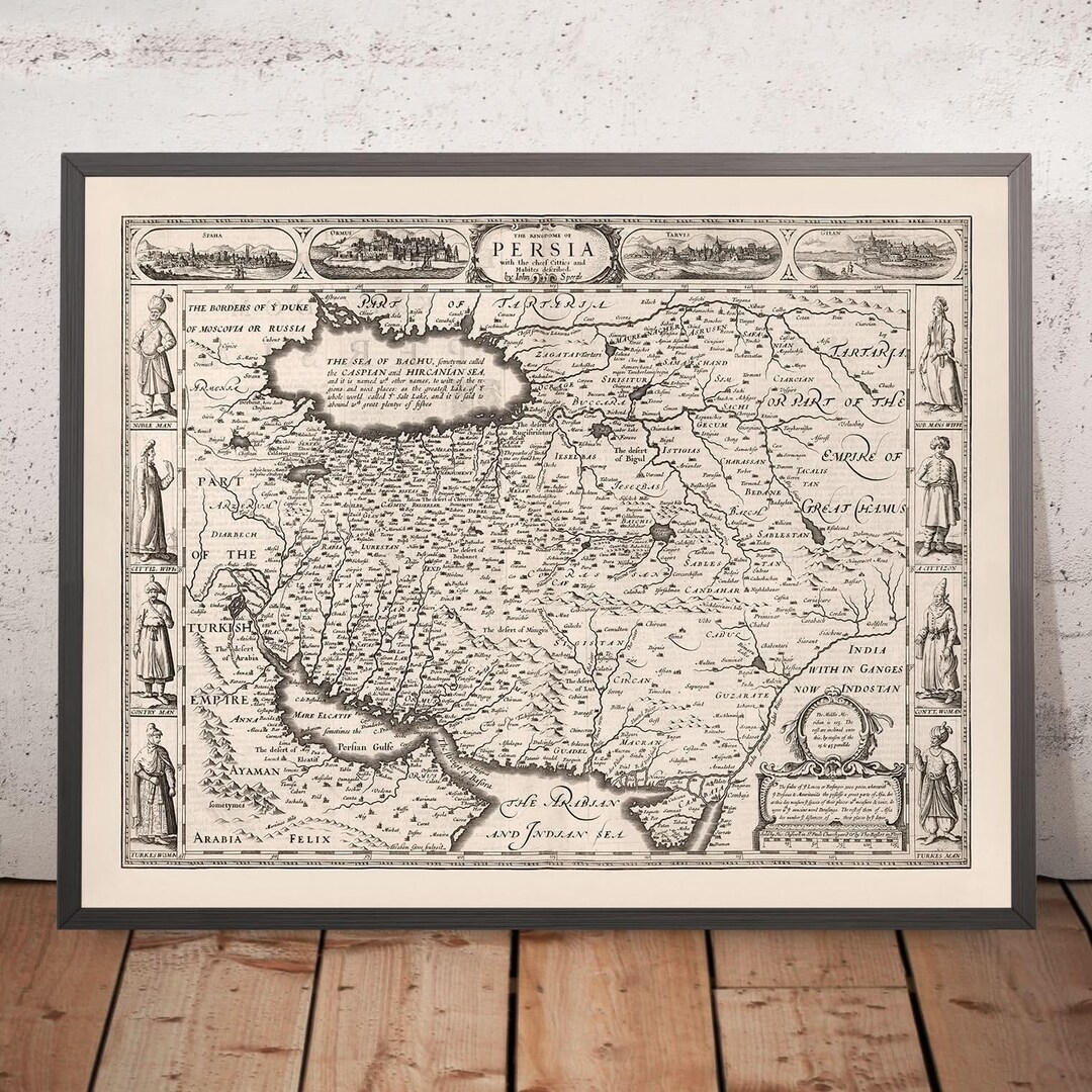 Old Monochrome Map of Persia by Speed, 1676: Iran, Isfahan, Caspian Sea ...