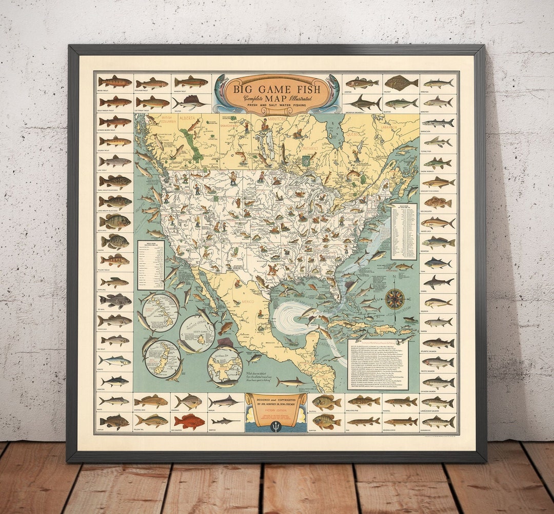 Old Pictorial Big Game Fish Map of the USA, 1936 Alaska, Florida ...