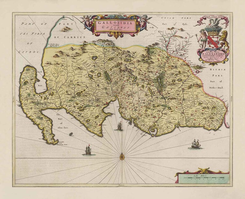 Old Map of Galloway in 1665 by Joan Blaeu - Dumfries, Glenluce, Wigtown ...