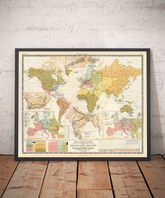 Old Religion World Map 1854 Religious Beliefs 19th Century | Etsy