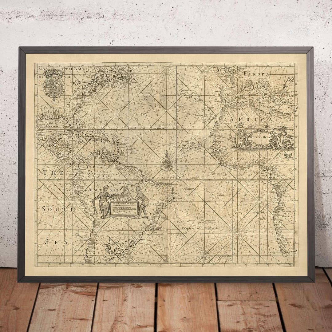 Old Atlantic Ocean Nautical Chart by Mount, 1766: Coasts, Rhumb Lines ...