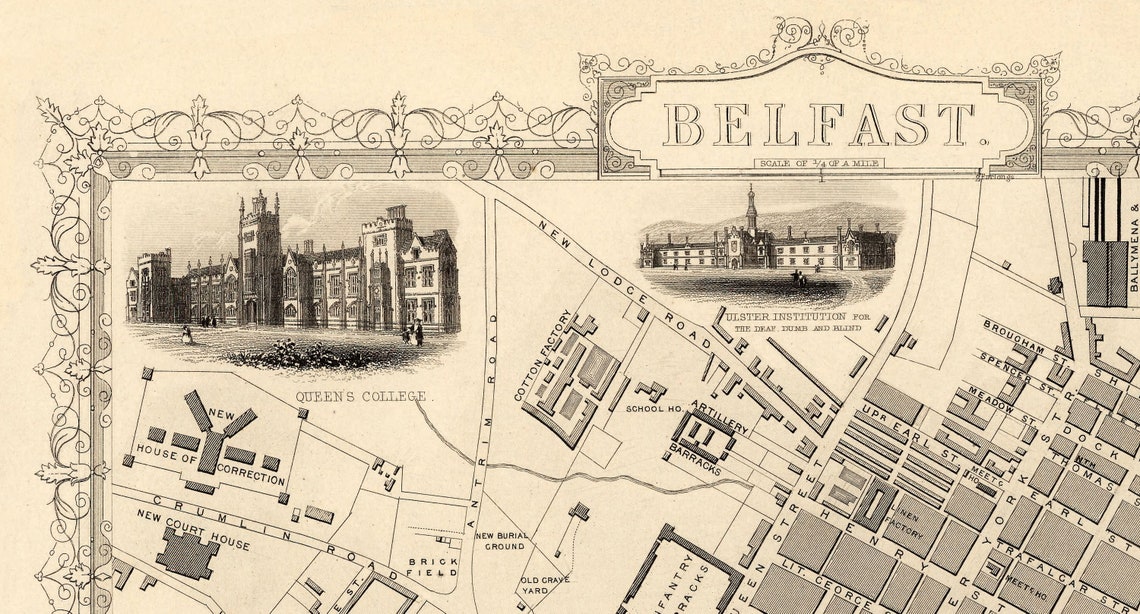 Old Map of Belfast, Ireland in 1851 by Tallis & Rapkin - Queens College ...