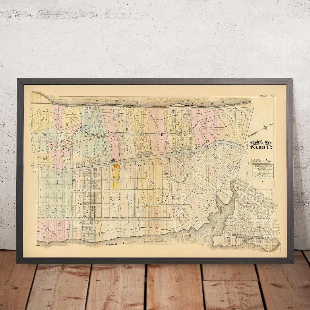 Old City Map of Harlem, NYC by Bromley, 1879: Fort Washington, Fort ...