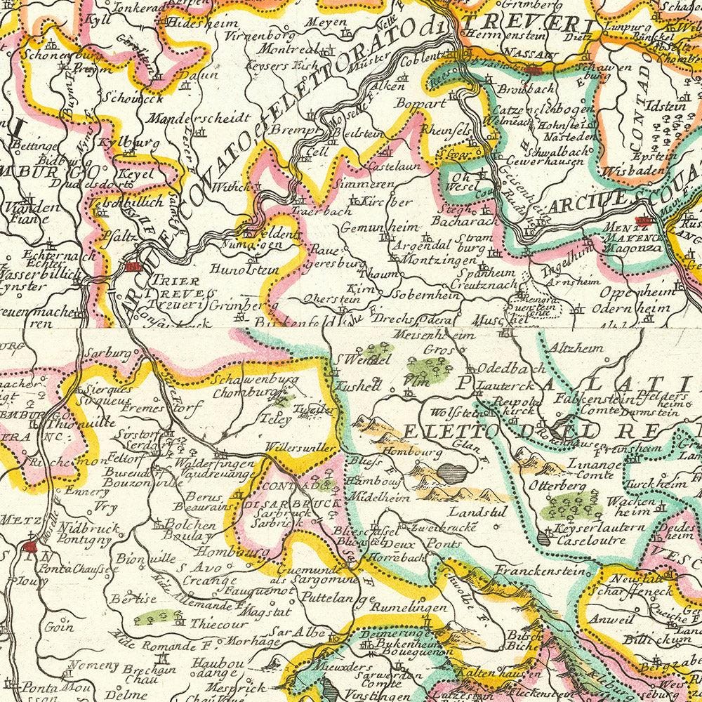 Old Map of the Rhine River Basin in Europe by Coronelli, 1690: Basel ...