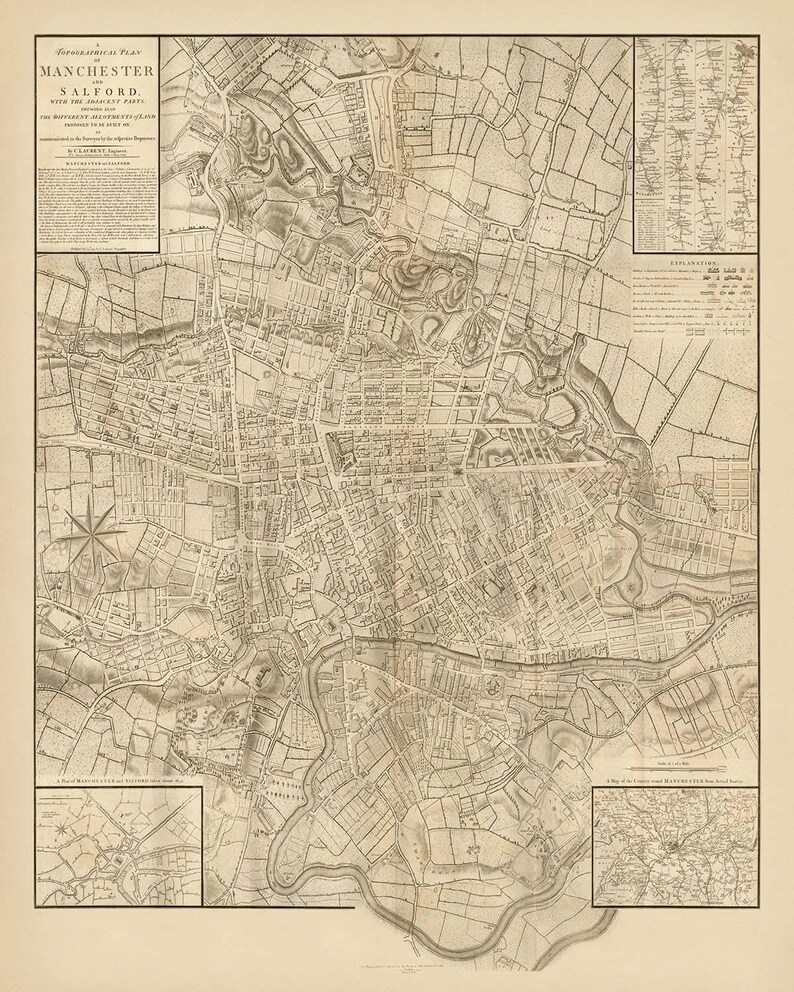 Old Map of Manchester by Laurent, 1793: Salford, Ancoats, Ardwick ...
